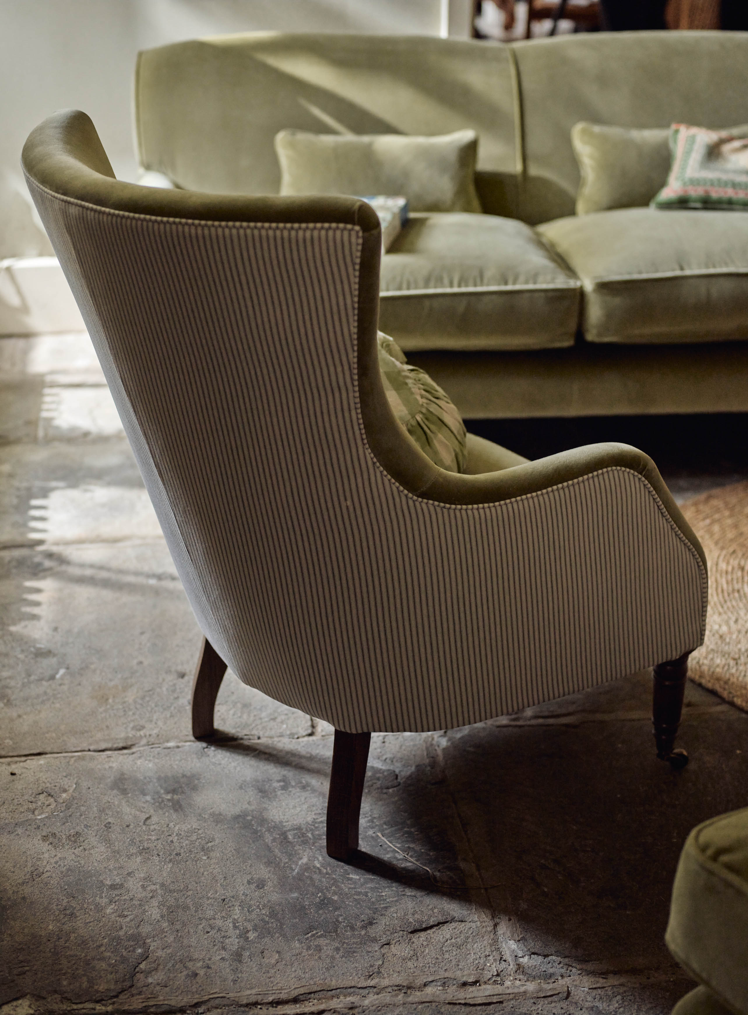 Bromley Wingback Chair, Green Velvet & Brown Stripe | Rowen & Wren